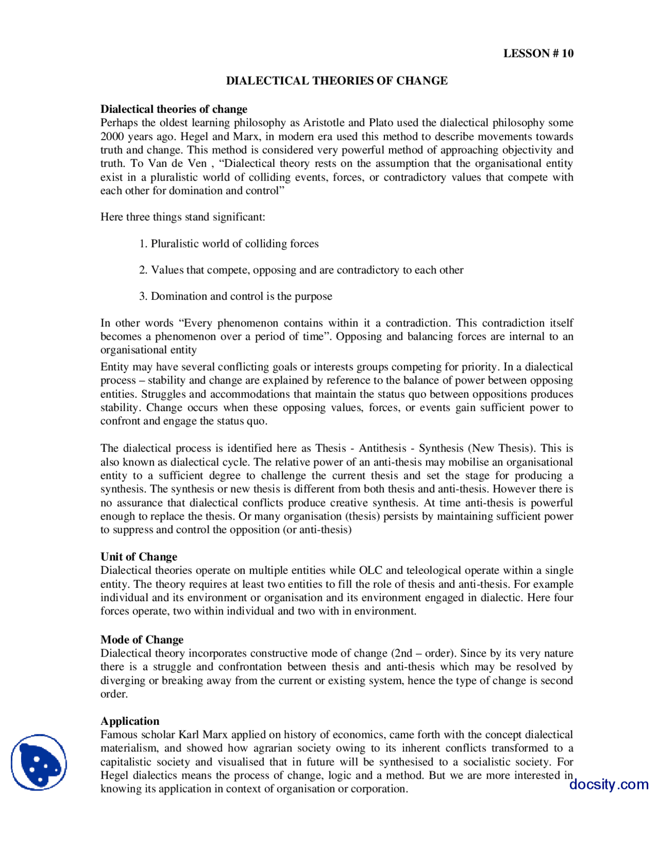 Dialectical Theories of Change-Change of Management-Lecture Handout ...
