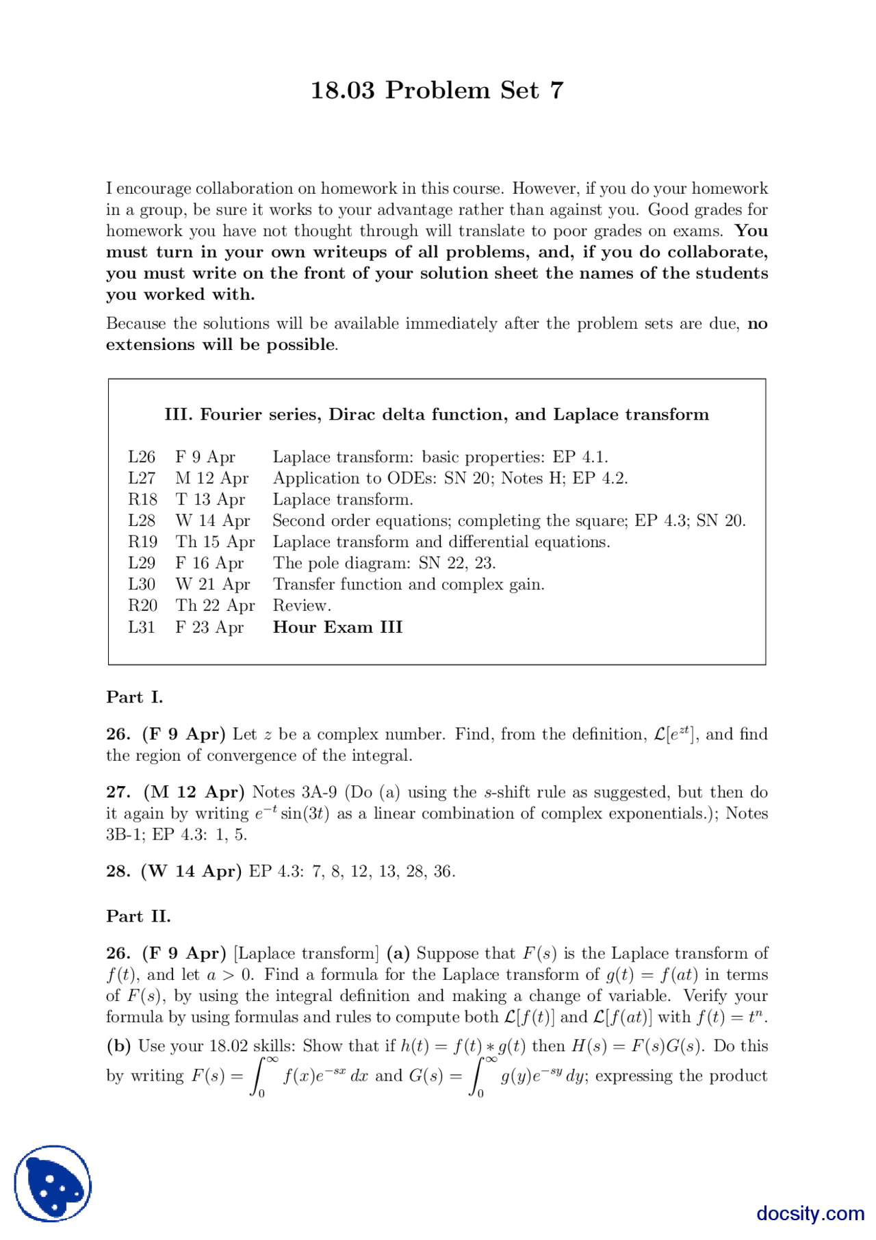 Problem Set 7, Transfer Function and Gain, Laplace Transform-Differential Equations-Assignment ...