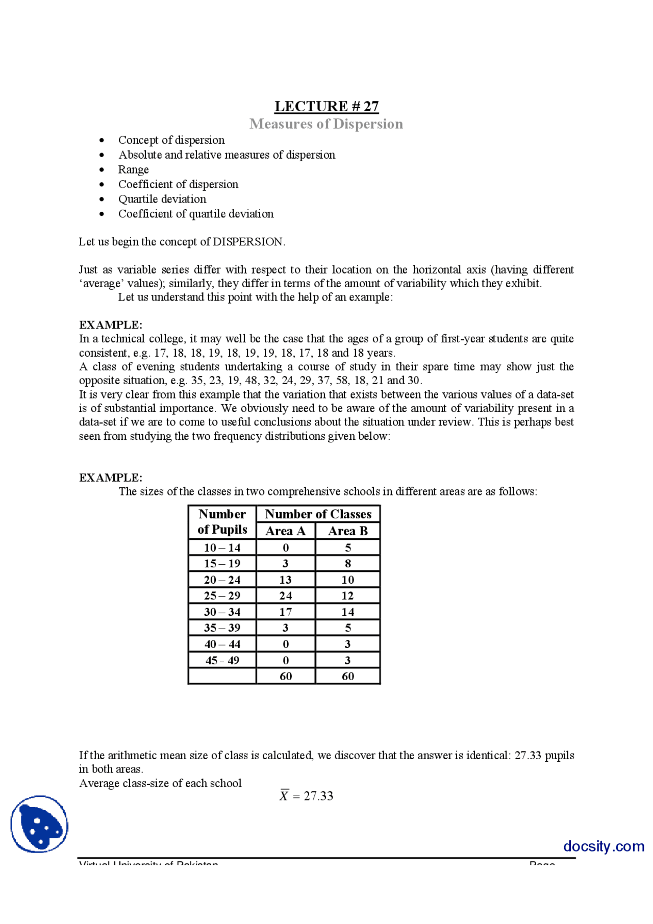 Measures Of Dispersion Discrete Mathematics Lecture Handout Exercises