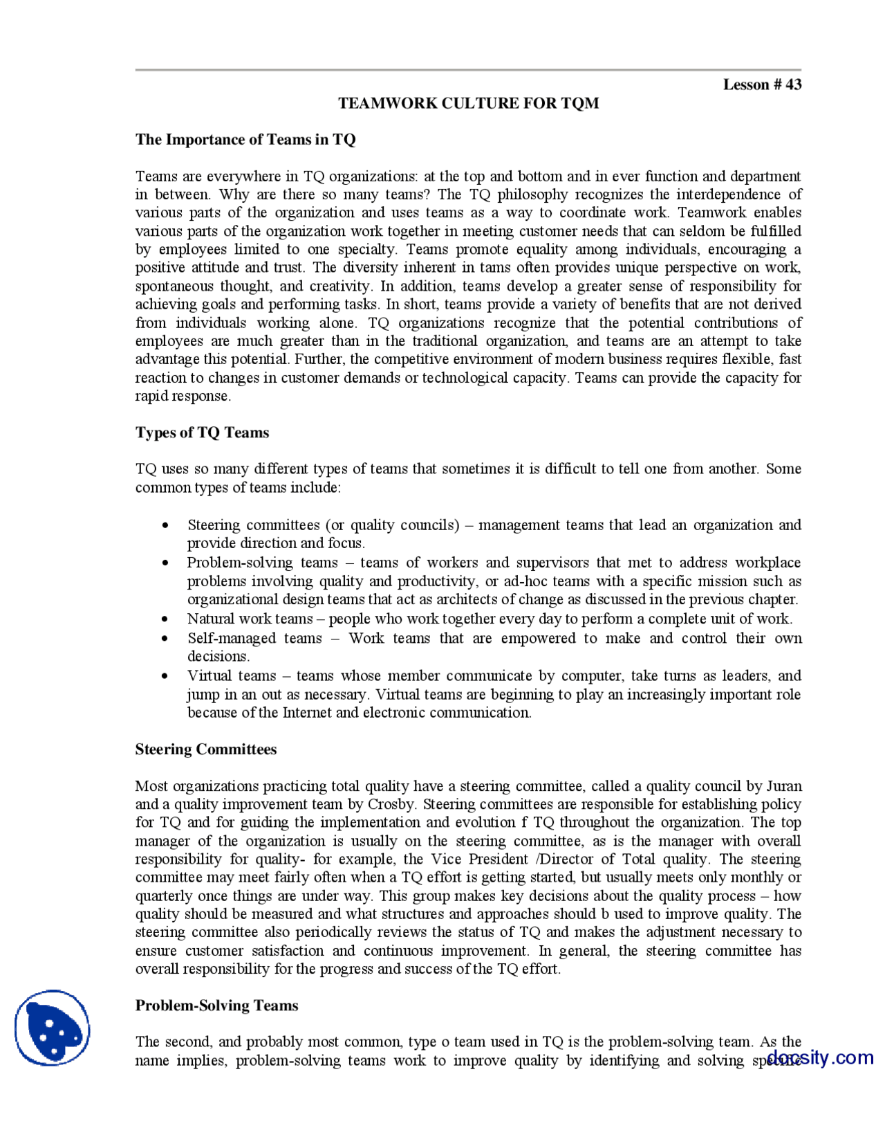 Teamwork Culture For Tqm Total Quality Managment Handouts Docsity