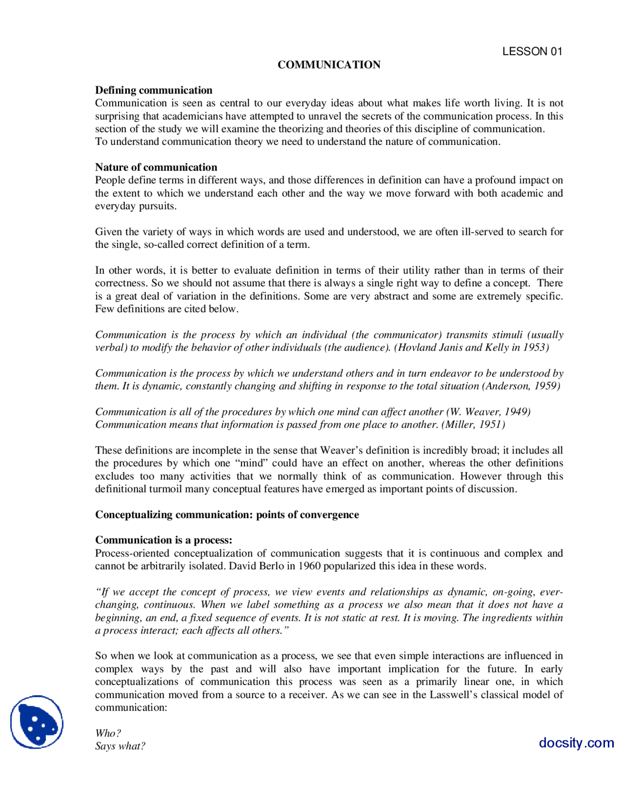 Communication Theories Of Communication Handouts Docsity