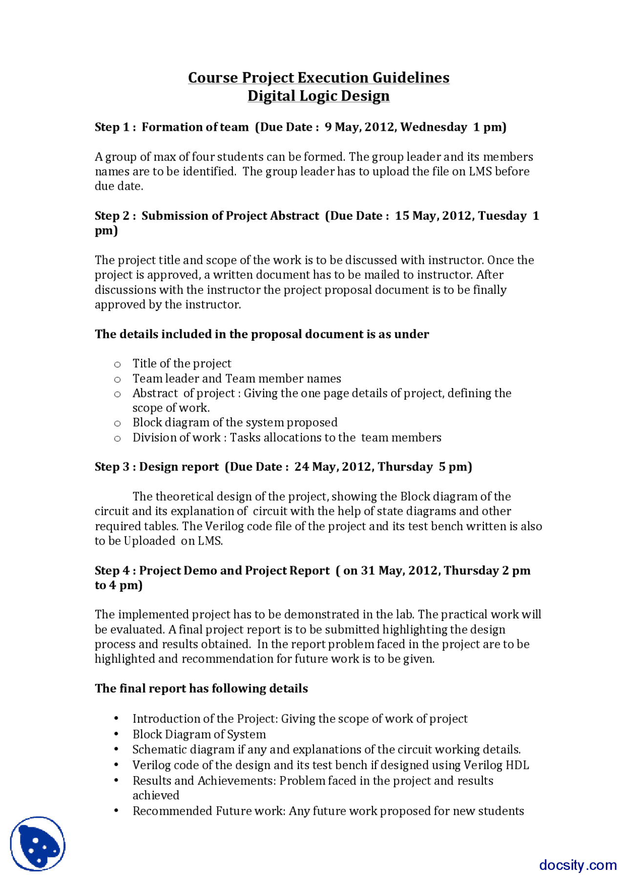 Course Project Execution Guidelines Digital Logic Design Handout Docsity