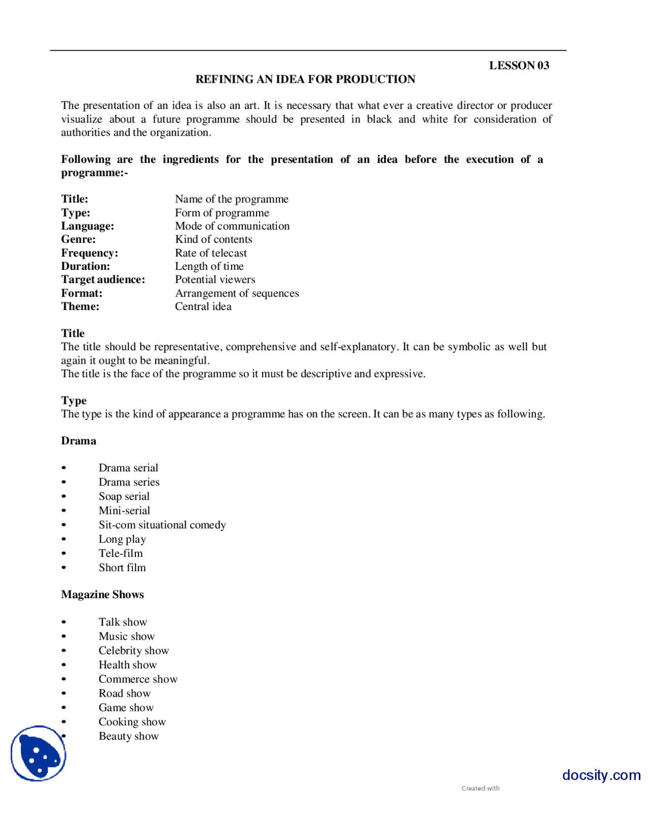Refining An Idea For Production Reporting And Production Handouts Docsity