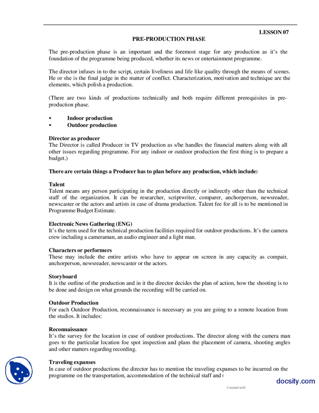 Pre Production Phase Reporting And Production Handouts Docsity
