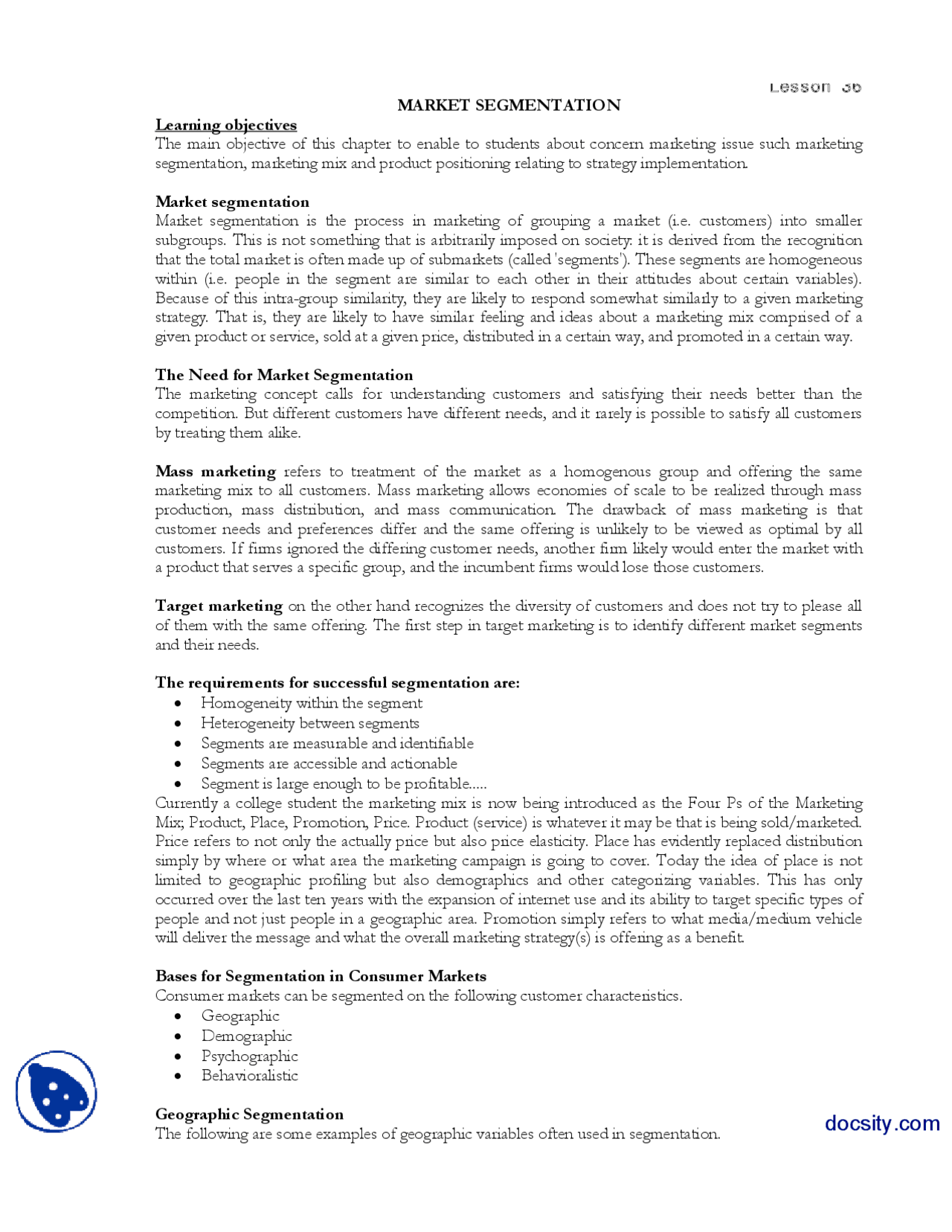Market segmentation-Strategic Management-Lecture Handout | Exercises ...