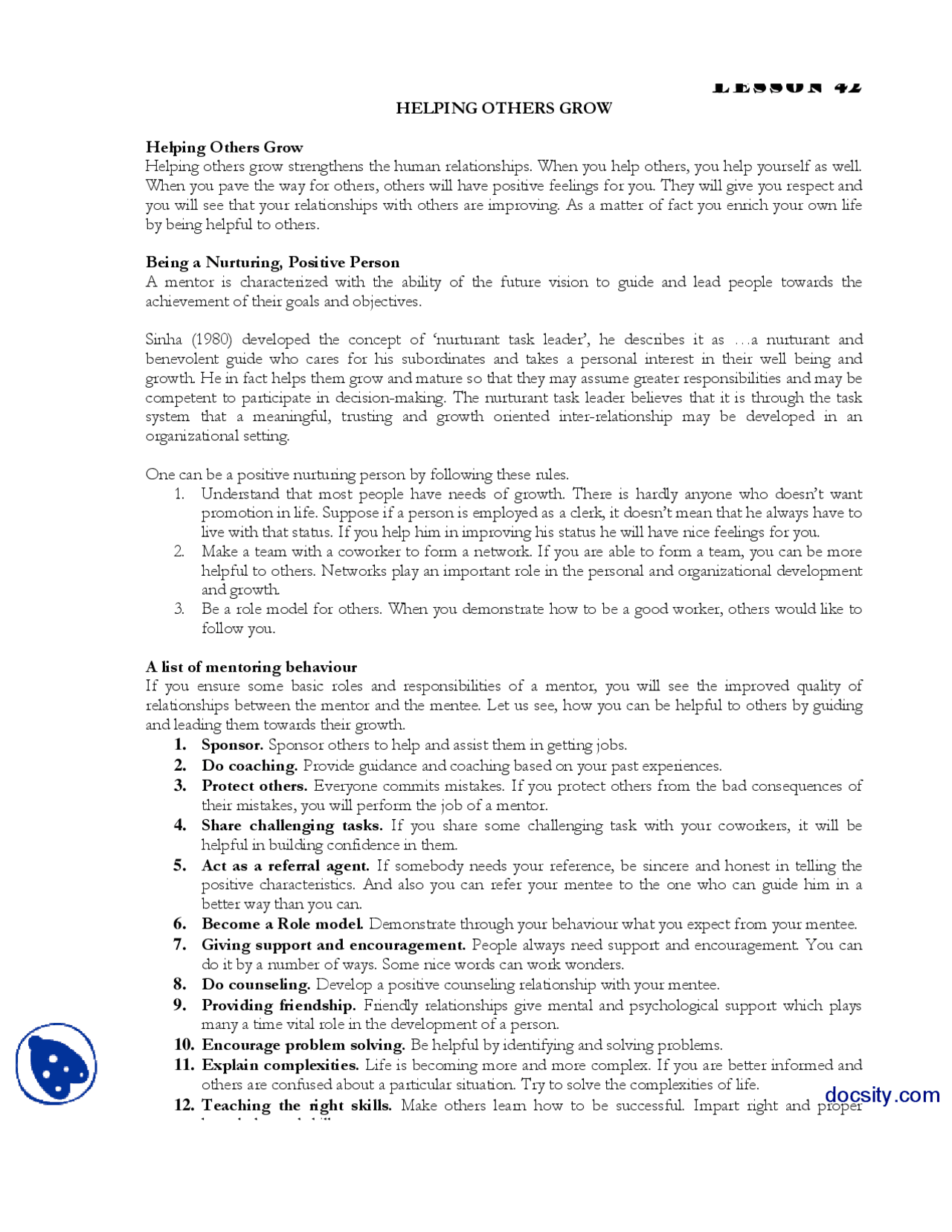 Helping Others Grow Human Relation Lecture Handout Docsity