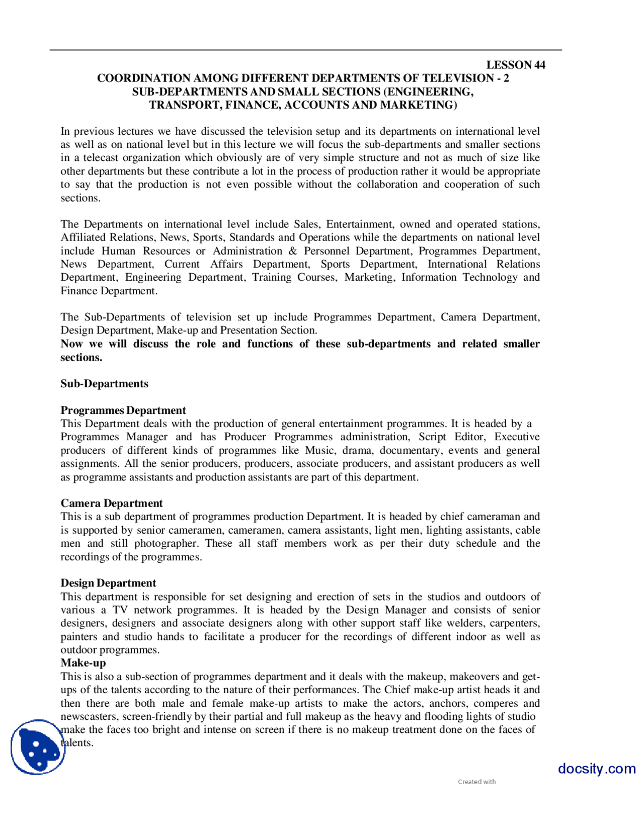 Sub Departments And Small Sections Reporting And Production Handouts