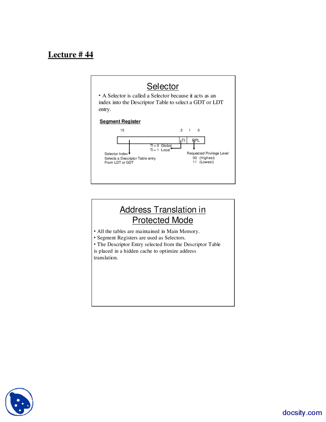 Selector Control Register System Programming Lecture Notes Docsity