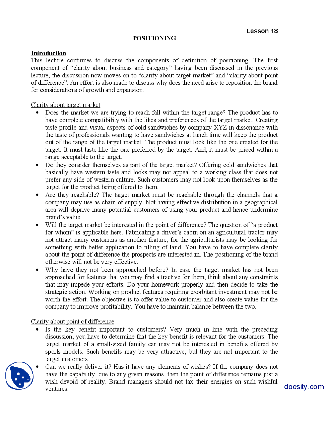 Positioning Part 2 Brand Management Lecture Handout Docsity