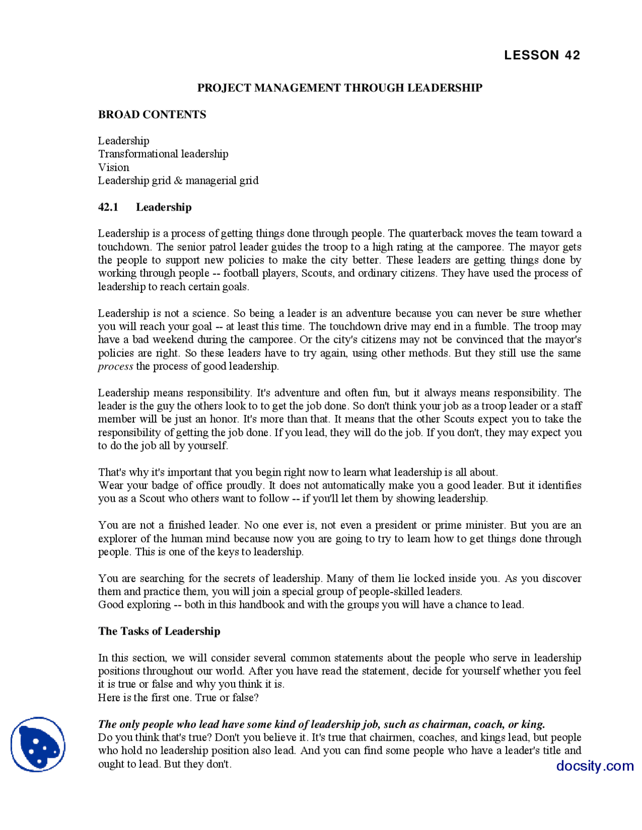Project Management Through Leadership Project Managment Handouts Docsity