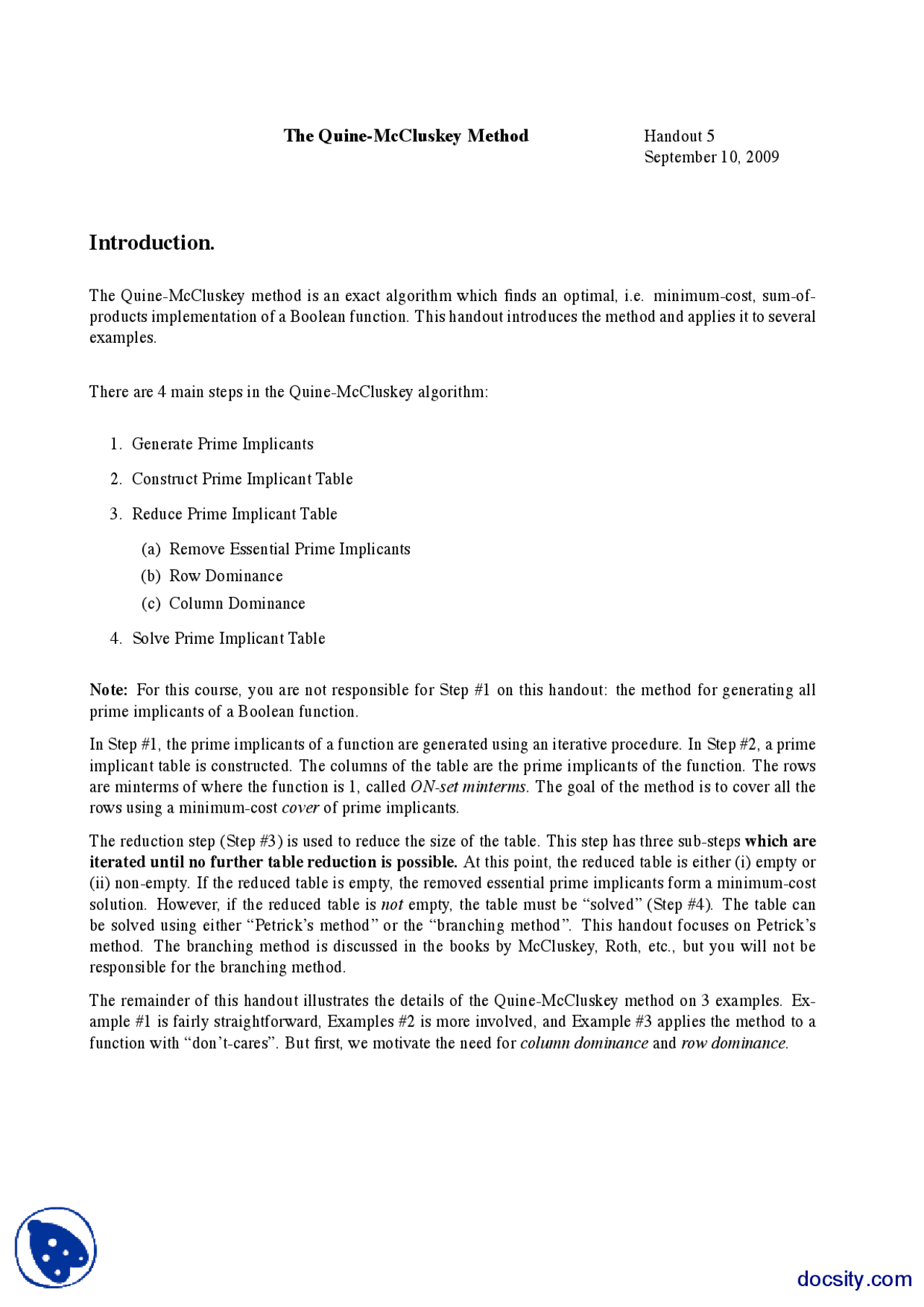 The Quine McCluskey Method-Digital Logic Design-Handout - Docsity