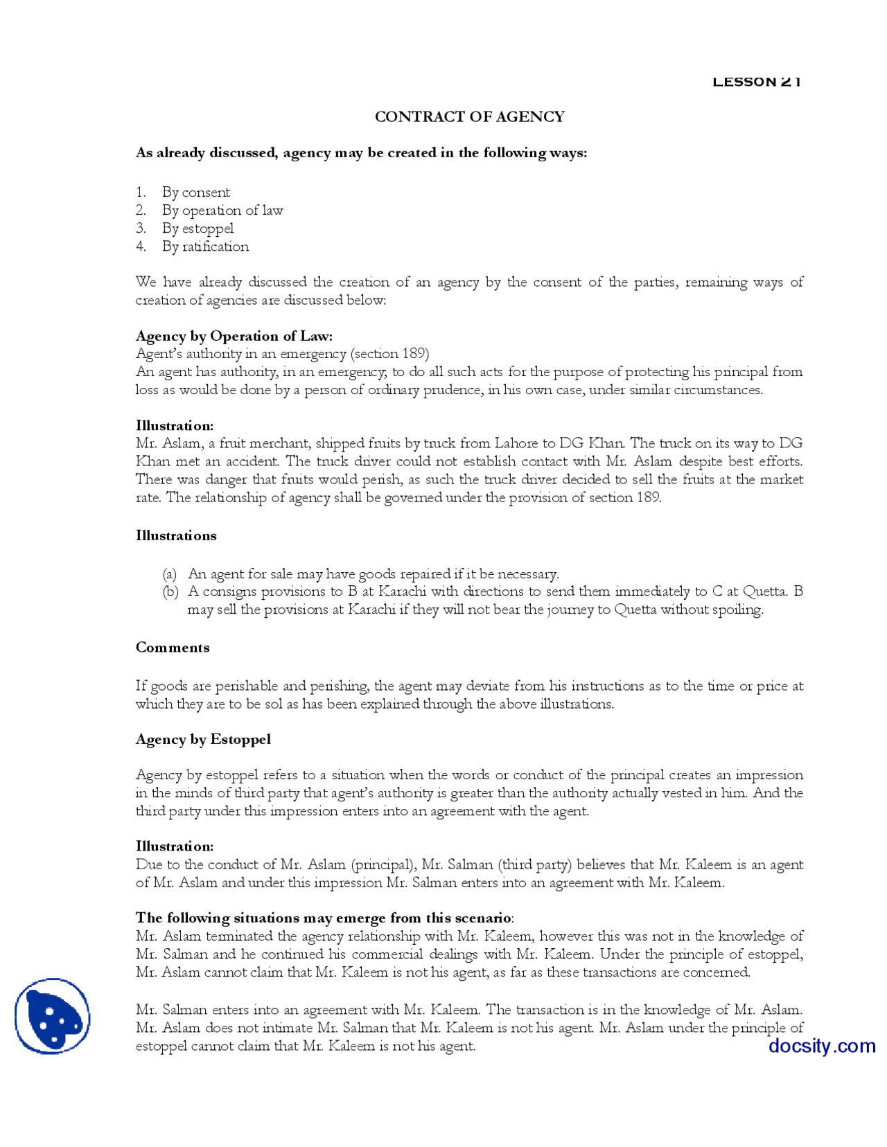 Contract Of Agency Part 1 Business And Labour Law Lecture Handout Docsity
