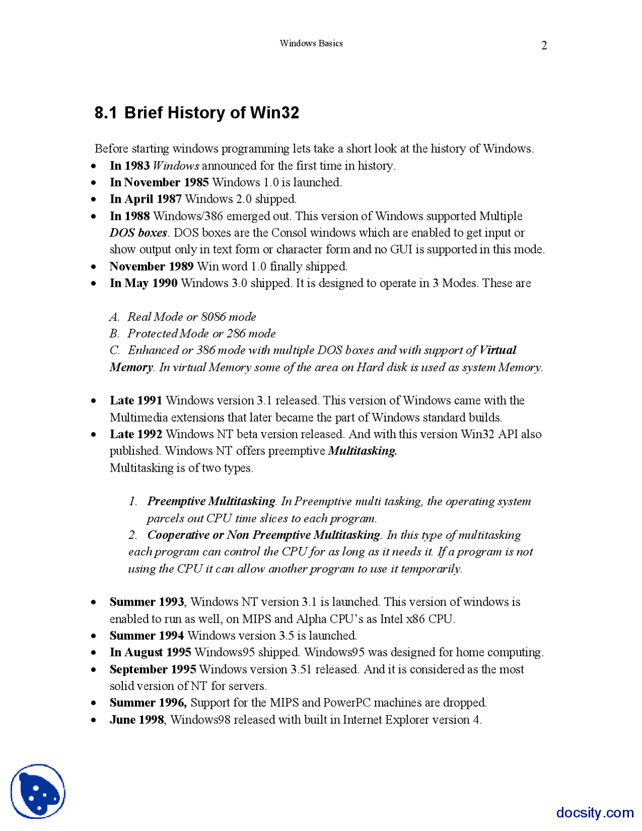Brief History Of Win32 Windows Programming Lecture Notes Docsity
