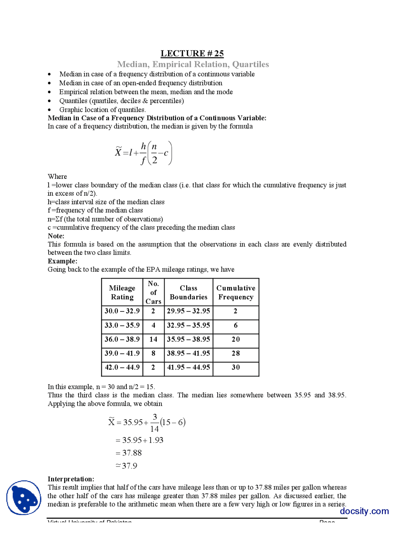 Median, Empirical Relation, Quartiles-Discrete Mathematics-Lecture Handout - Docsity