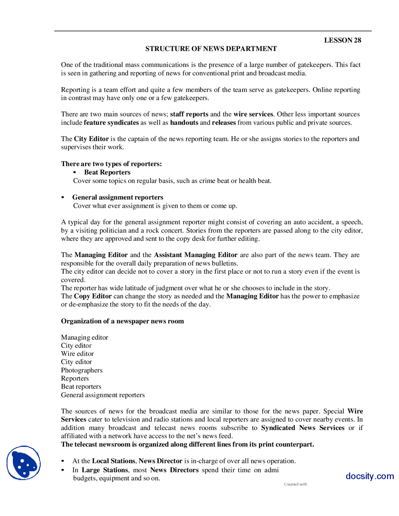 Structure Of News Department 2 Reporting And Production Handouts Docsity