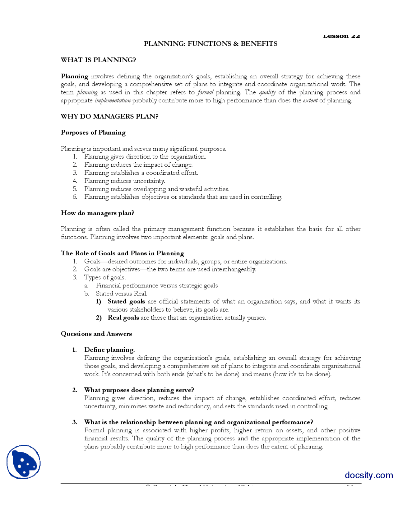 Planning Functions And Benefits Principle Of Managment Handouts