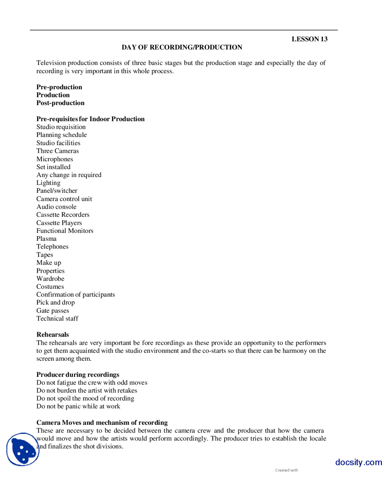 Day Of Recording Production Reporting And Production Handouts Docsity
