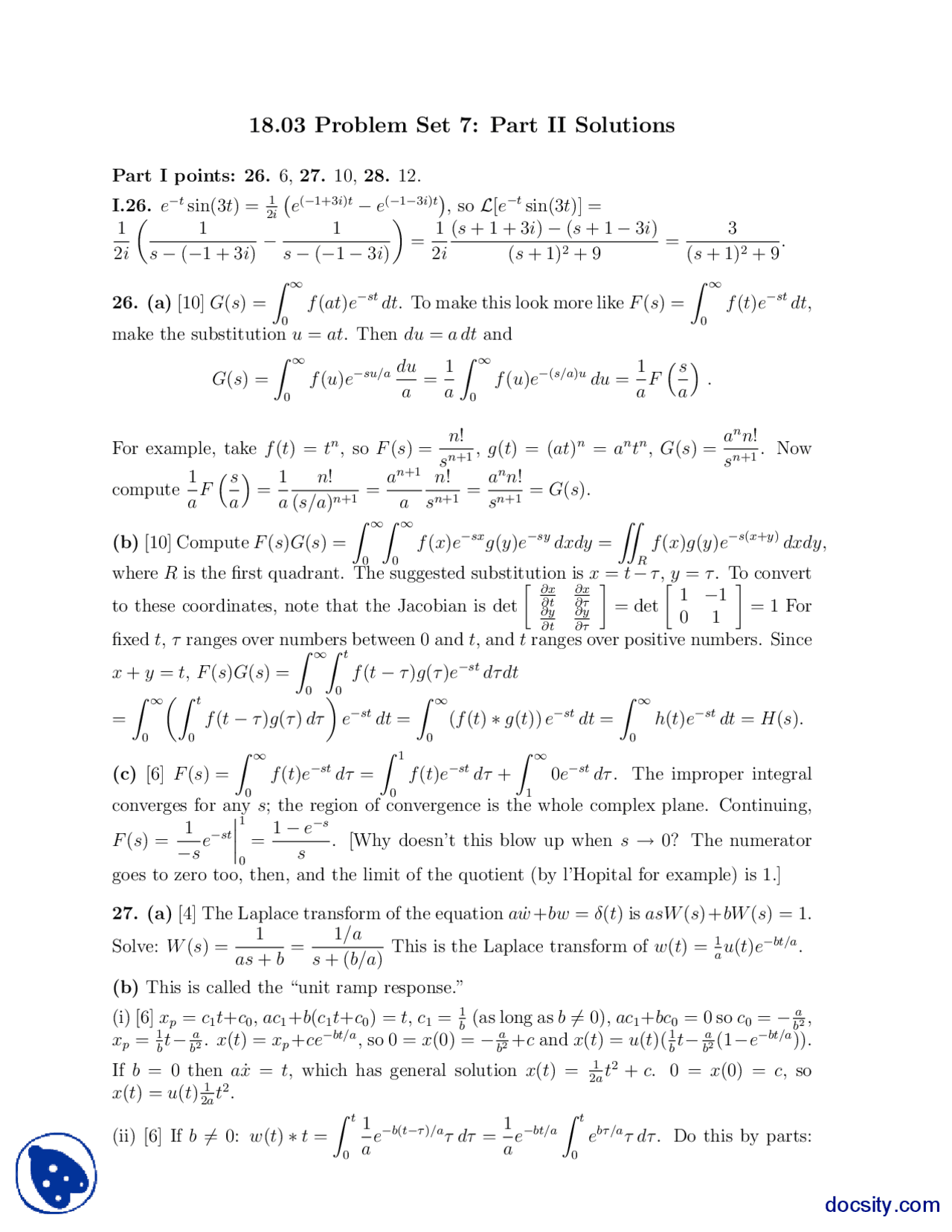Problem Set 7, Jacobian, Laplace Transform-Differential Equations-Assignment Solution - Docsity