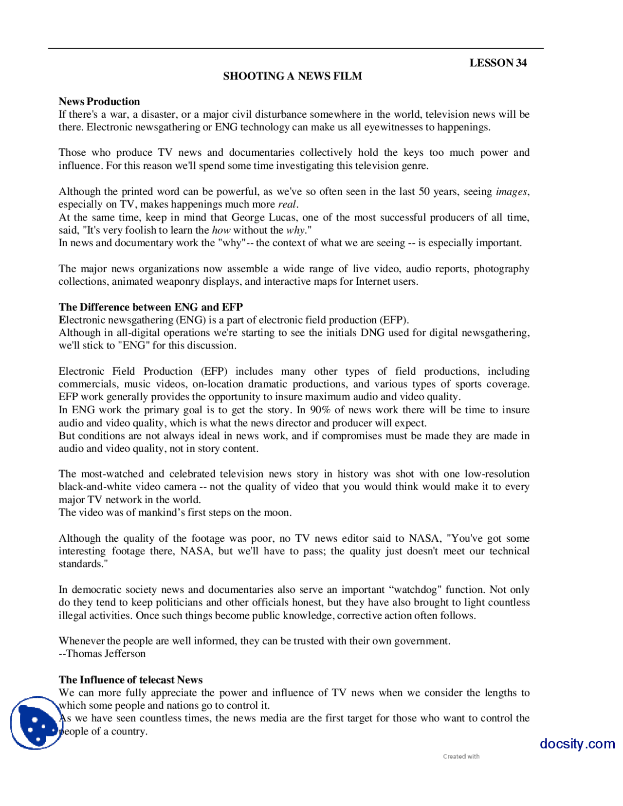 Shooting A News Film Reporting And Production Handouts Docsity