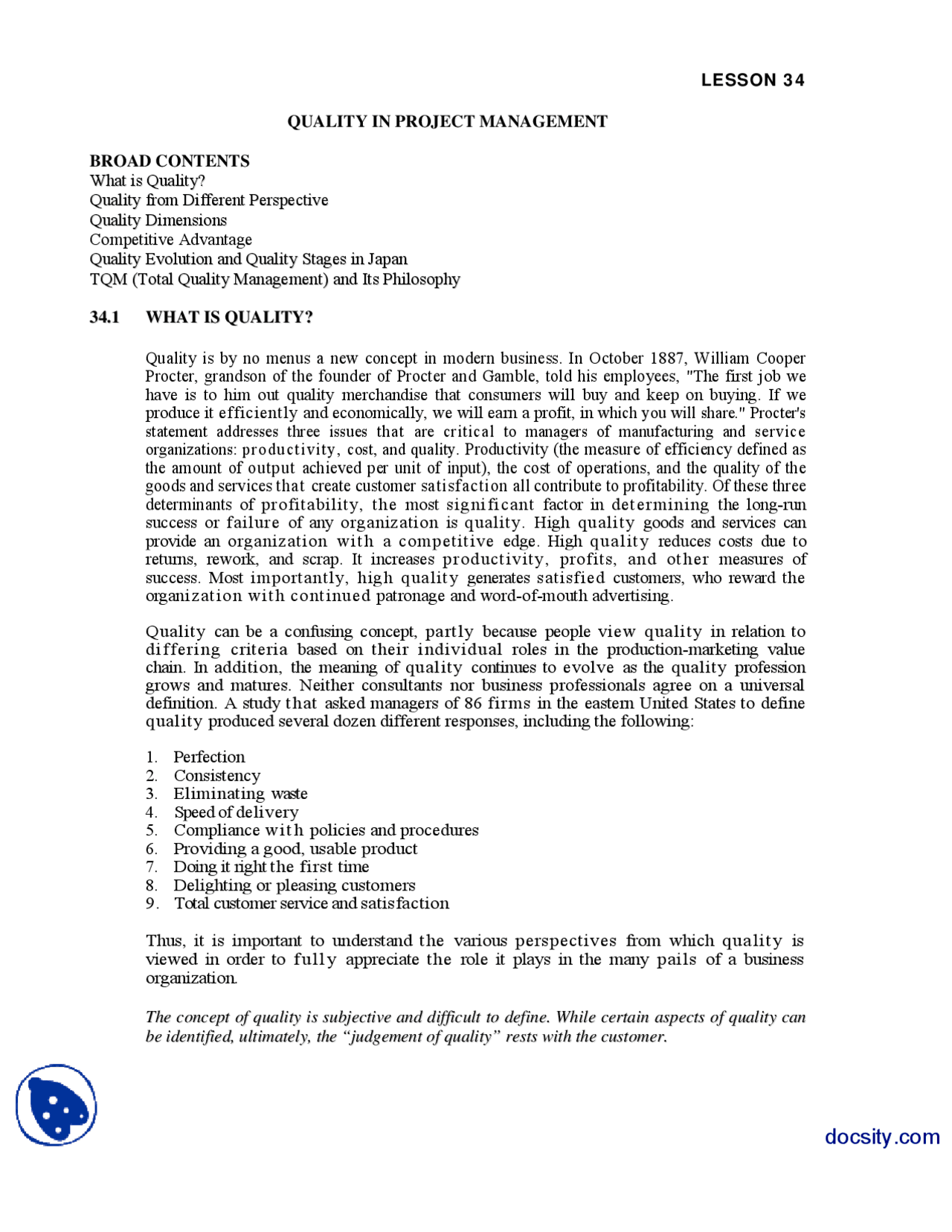 Quality In Project Management Project Managment Handouts Docsity