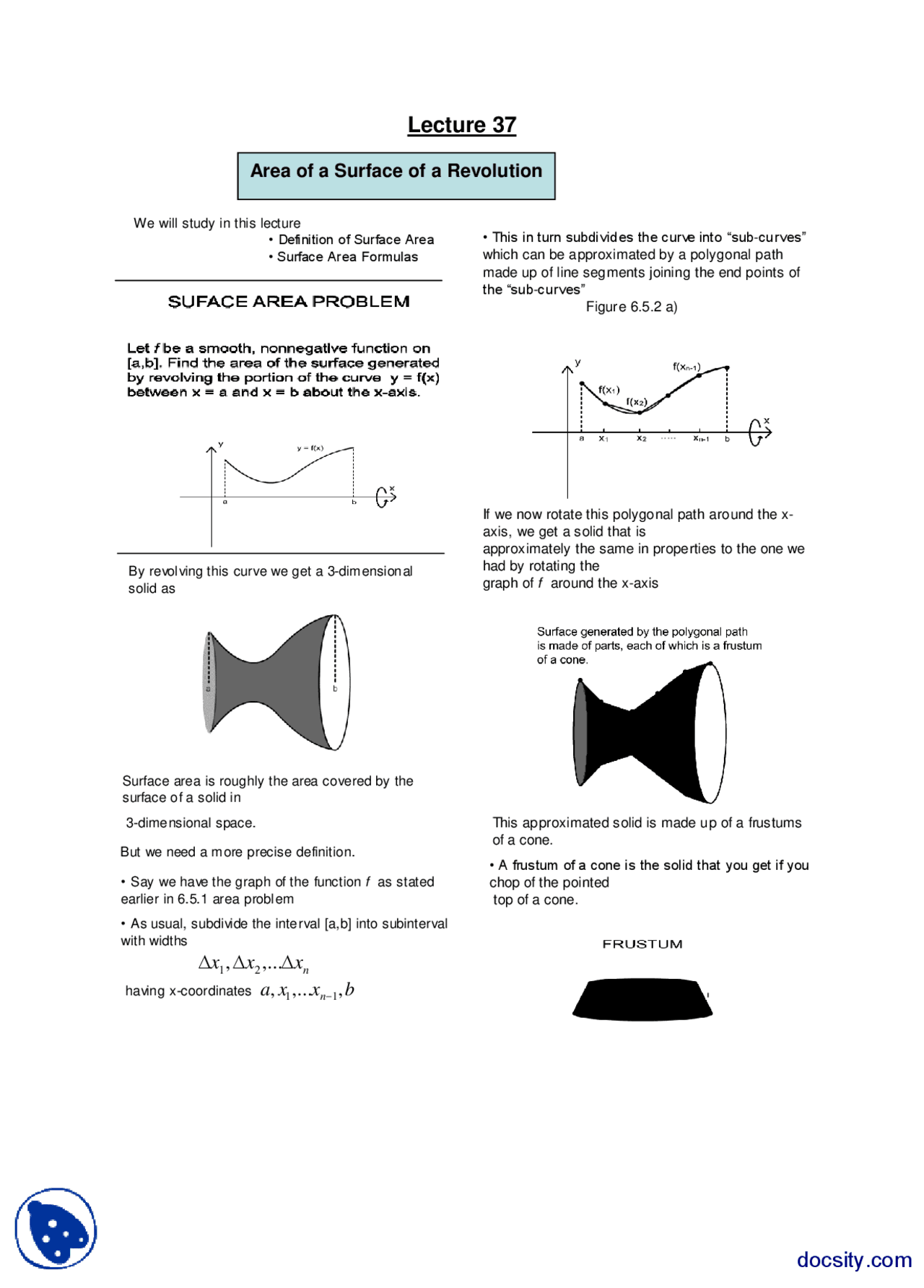 Area of a Surface of a Revolution-General Mathematics-Lecture Handout - Docsity