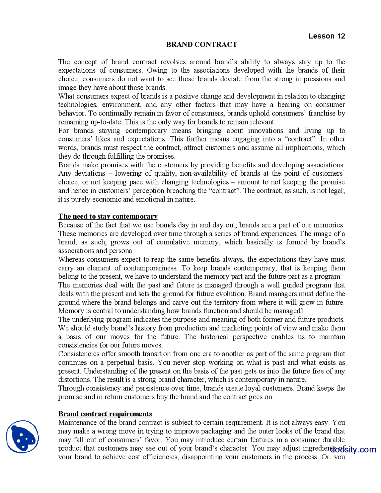 Brand Contract Part 2 Brand Management Lecture Handout Docsity