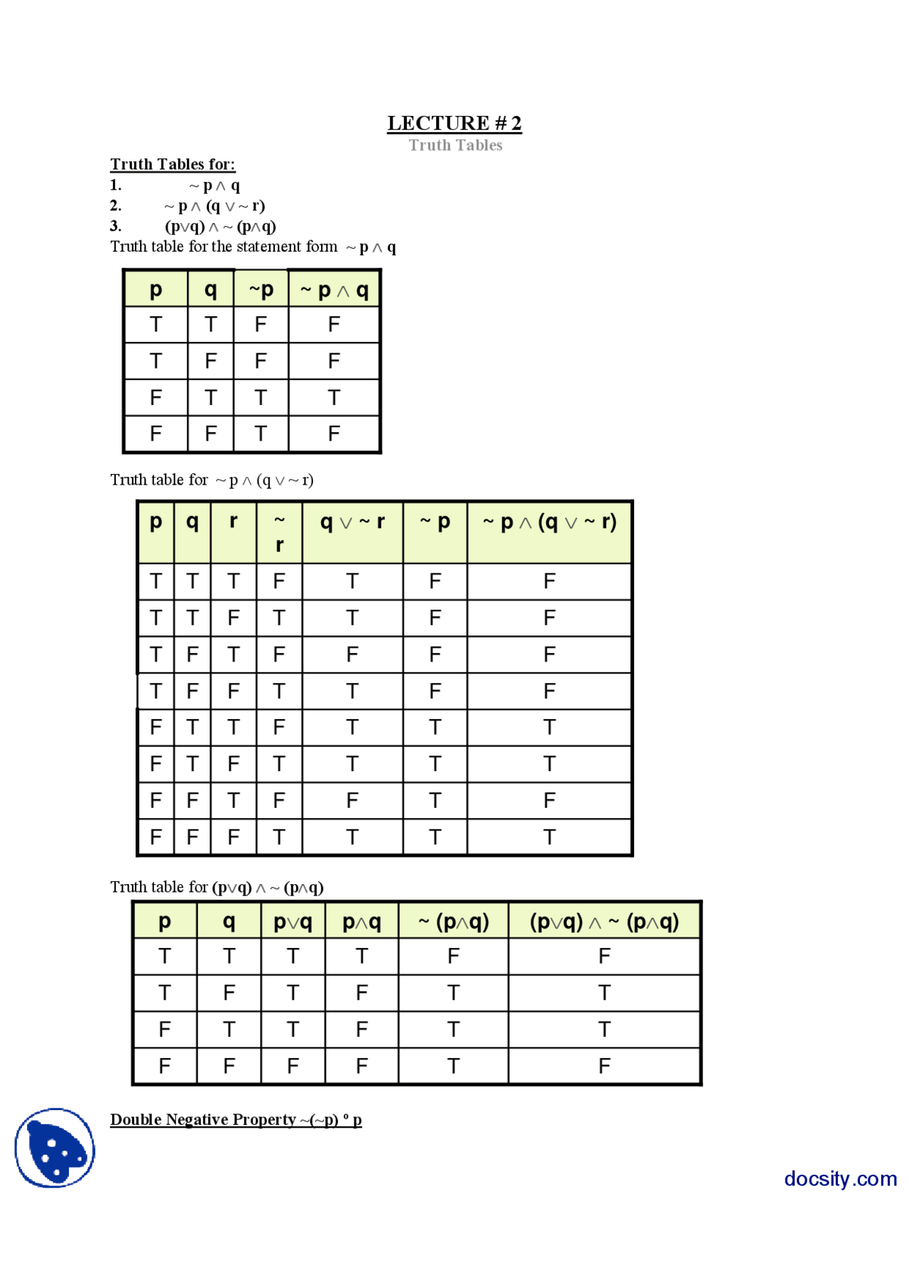 Truth Tables Discrete Mathematics Lecture Handout Docsity