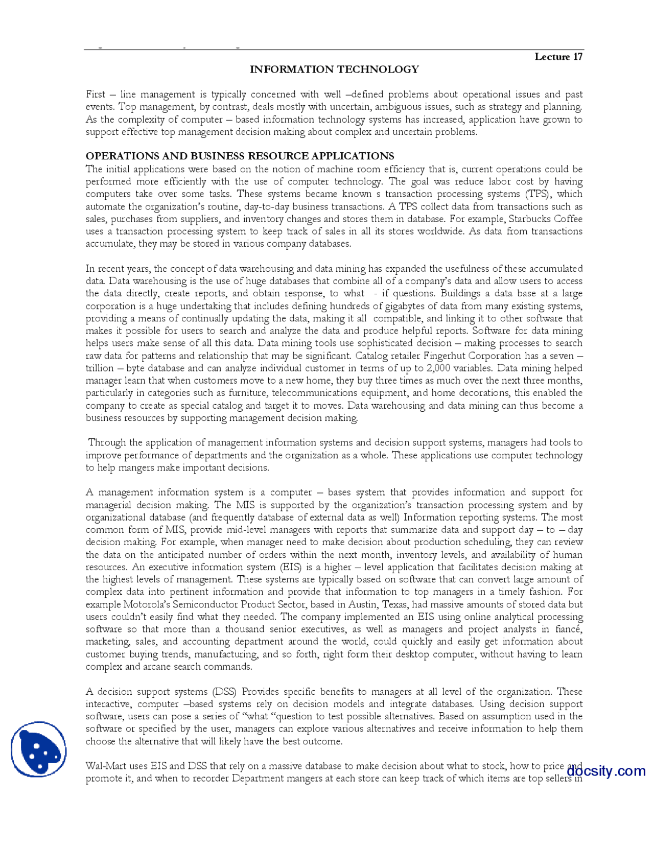 Information Technology Organization Theory And Design Handouts Docsity
