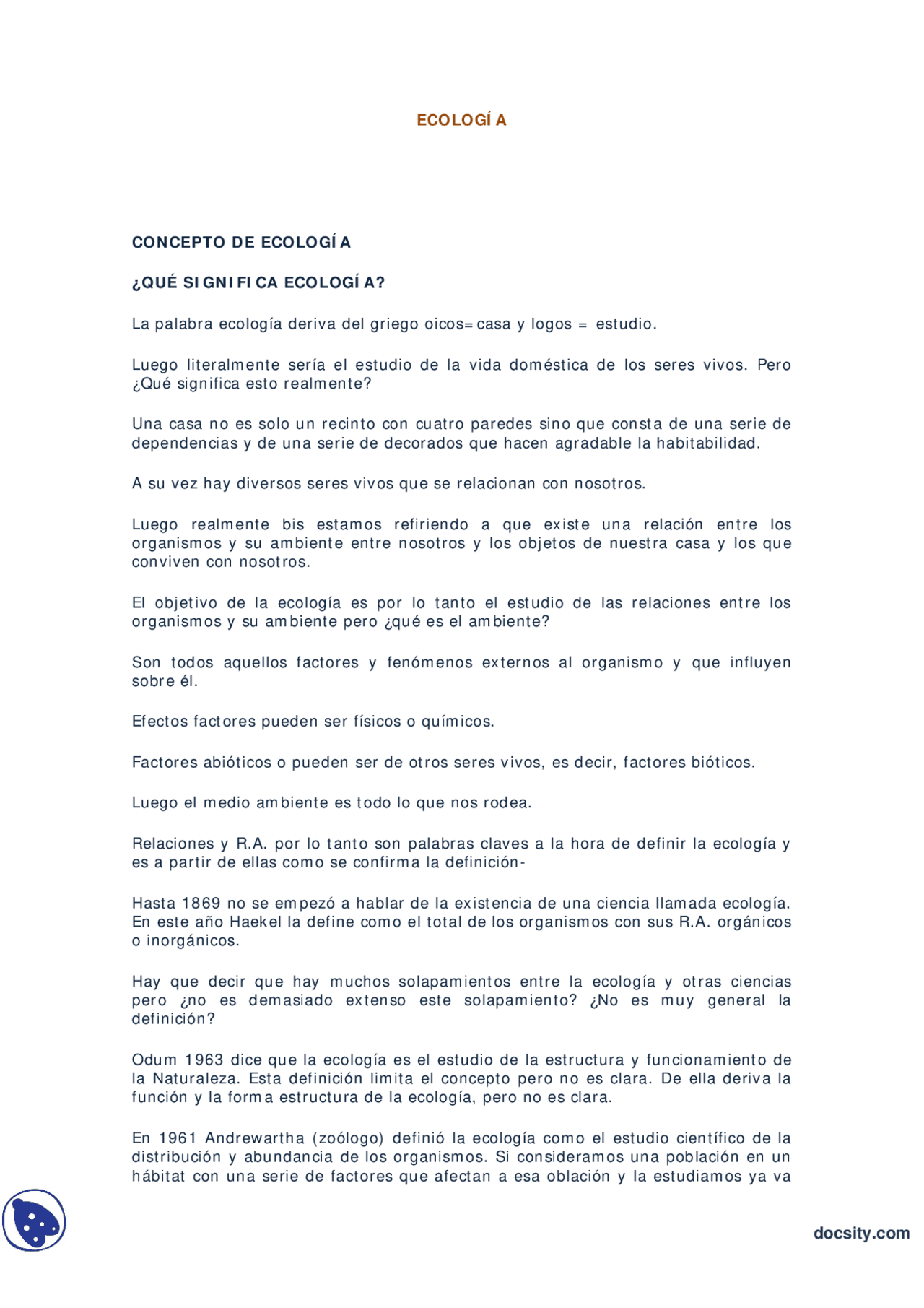Concepto De Ecología Apuntes Ecología Docsity