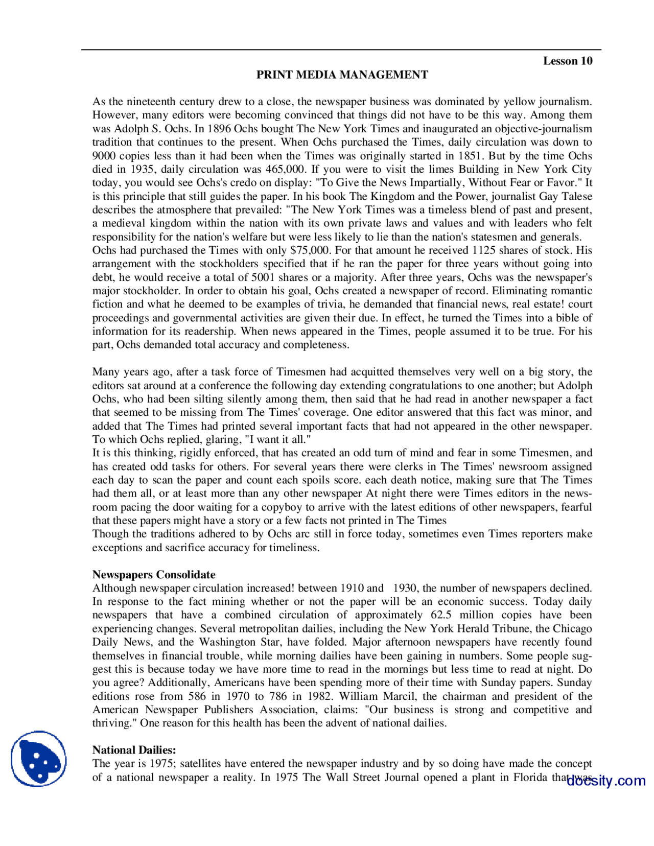 Print Media Management Media Managment Handouts Lecture Notes Media