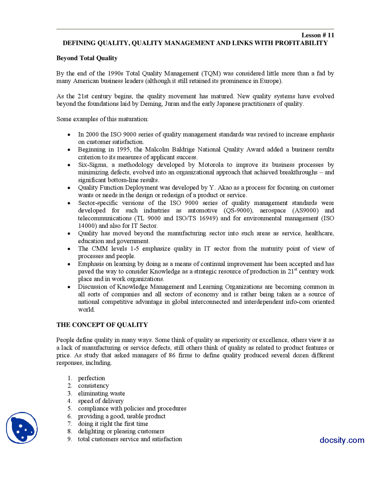 Defining Quality Quality Management And Links With Profitability Total
