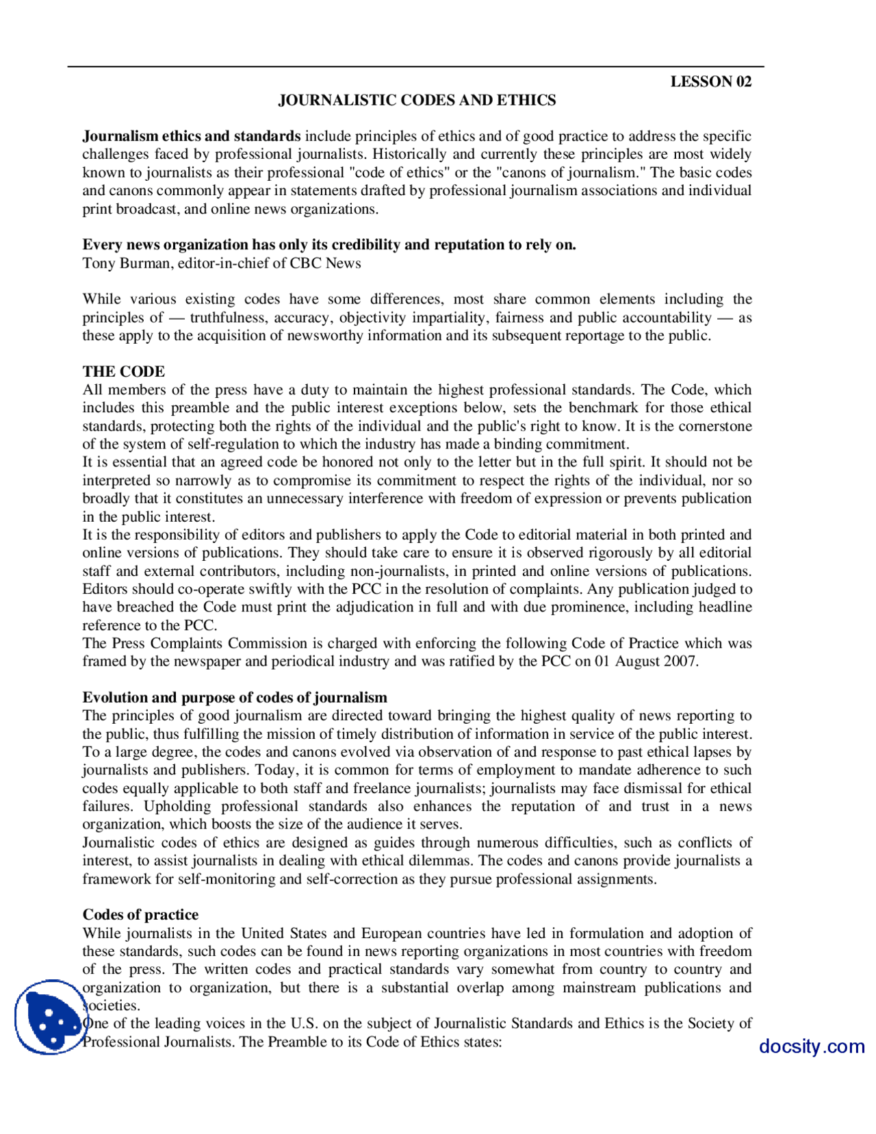 Journalistic Codes And Ethics Media Laws And Ethics Handouts Docsity
