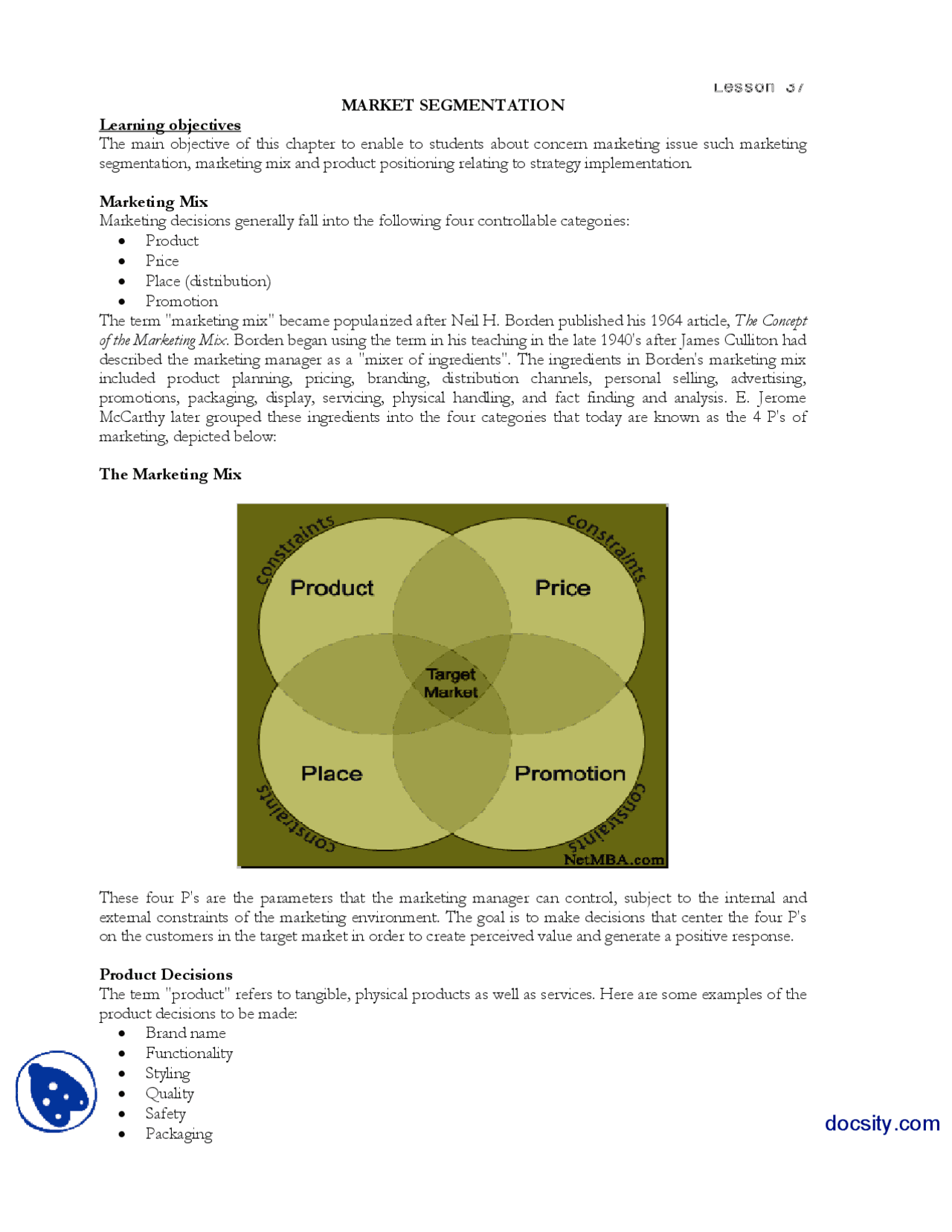 Marketing Mix-Strategic Management-Lecture Handout - Docsity