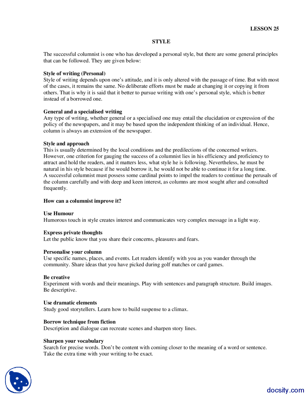 Style Feature And Coloumn Writing Lecture Handout Docsity