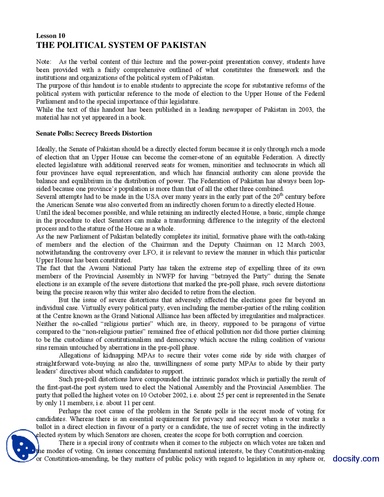 Senate Polls Globalization Of Media Lecture Handout Docsity