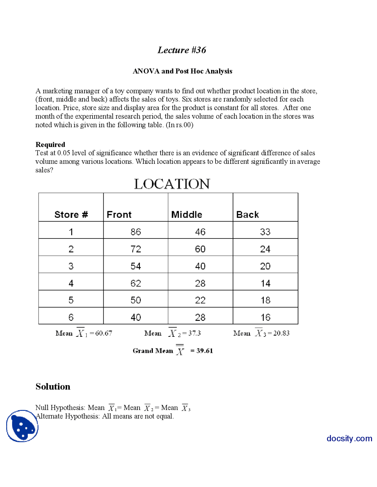 ANOVA and Post Hoc Analysis-Marketing Research-Lecture Handout - Docsity