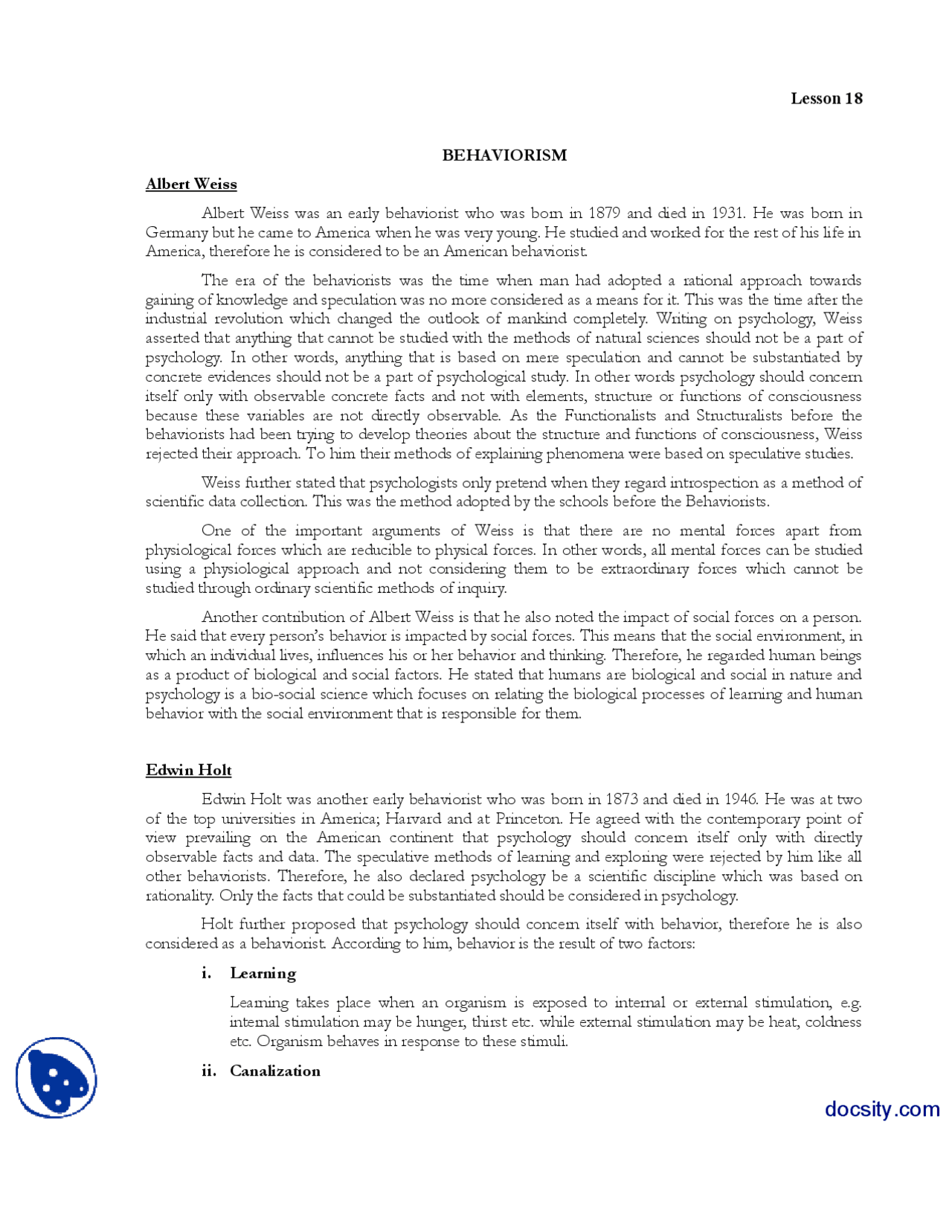 Behaviourism Part 2 History Of Psycology Lecture Handout Exercises