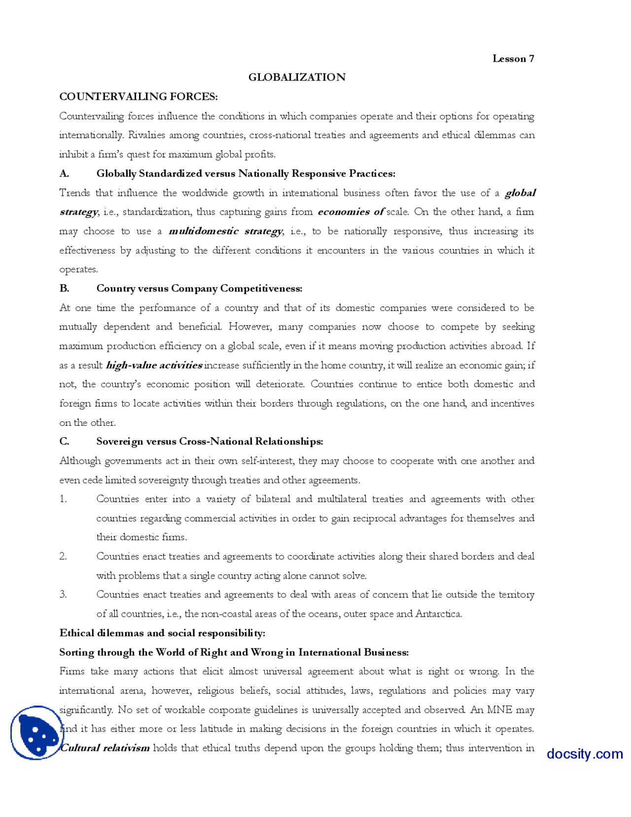Globalization Lesson 7 International Business Lecture Handout Docsity
