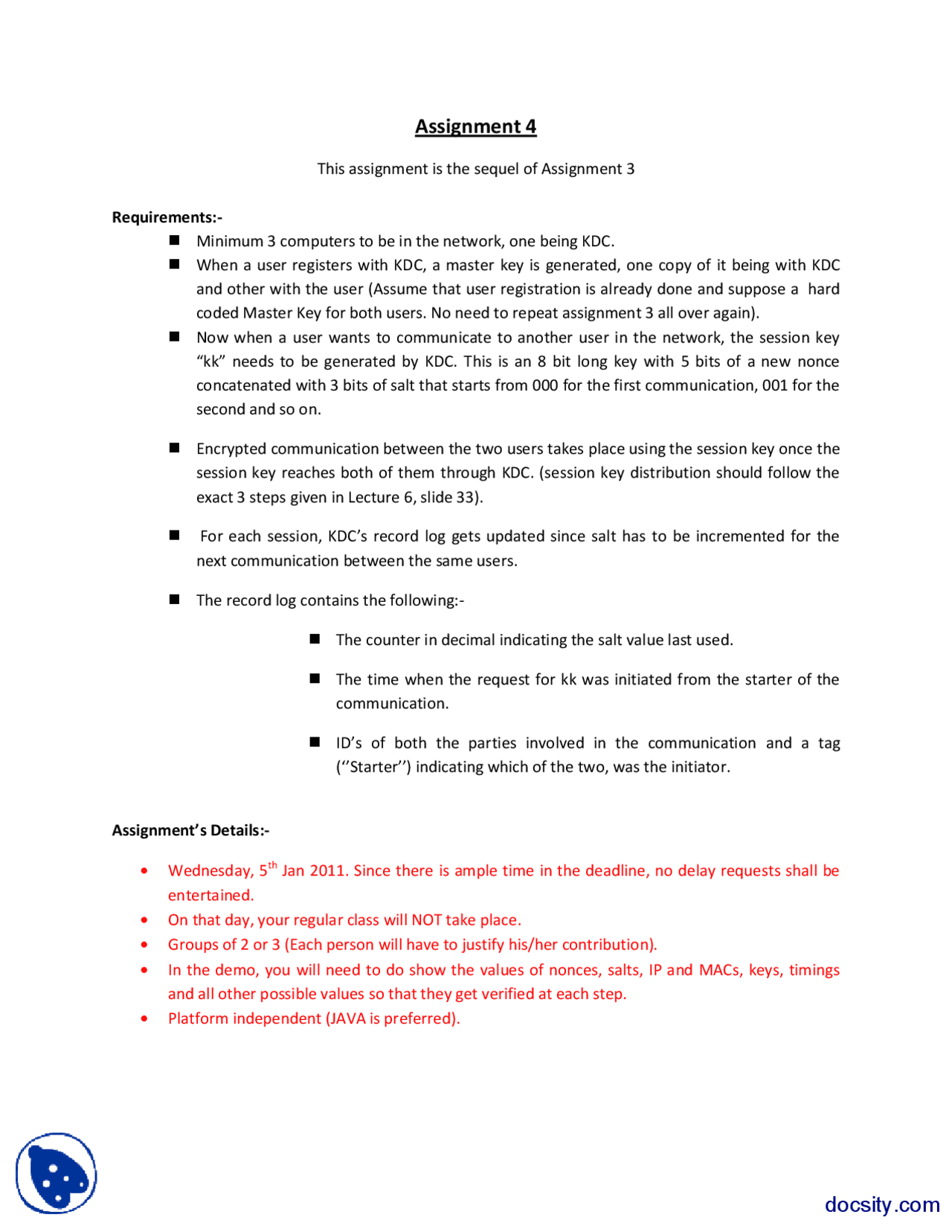 Implementation of Session Key Exchange through KDC Part 2-Computer Security-Assignment - Docsity