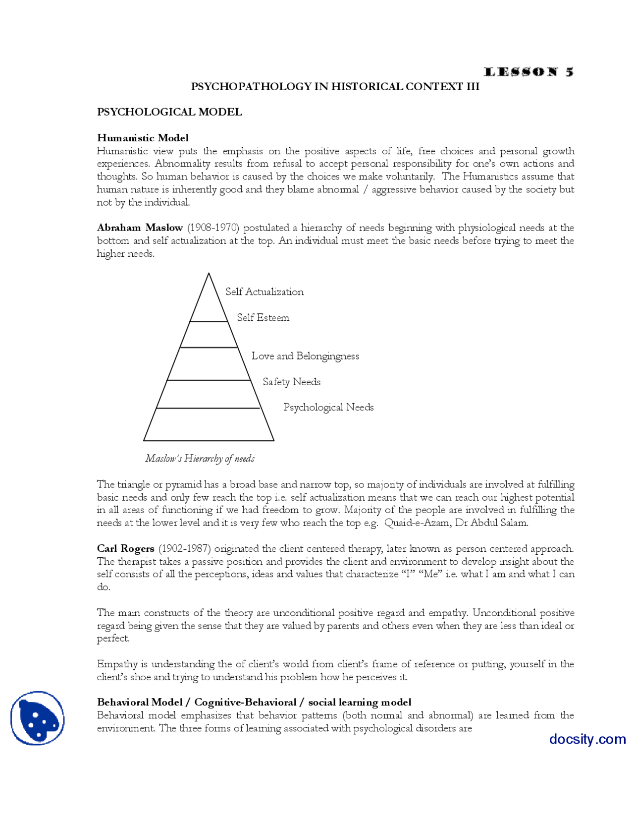 Humanistic Model Abnormal Psycology Lecture Handout Docsity