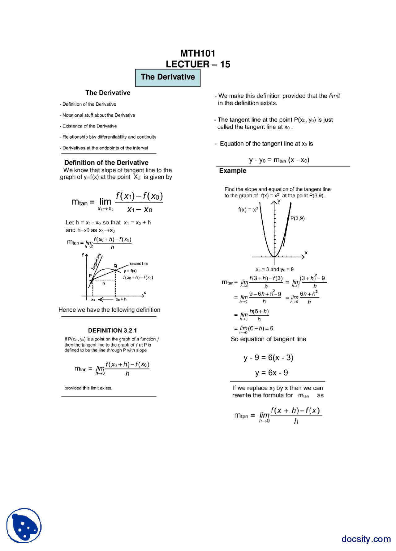 The Derivative-General Mathematics-Lecture Handout - Docsity
