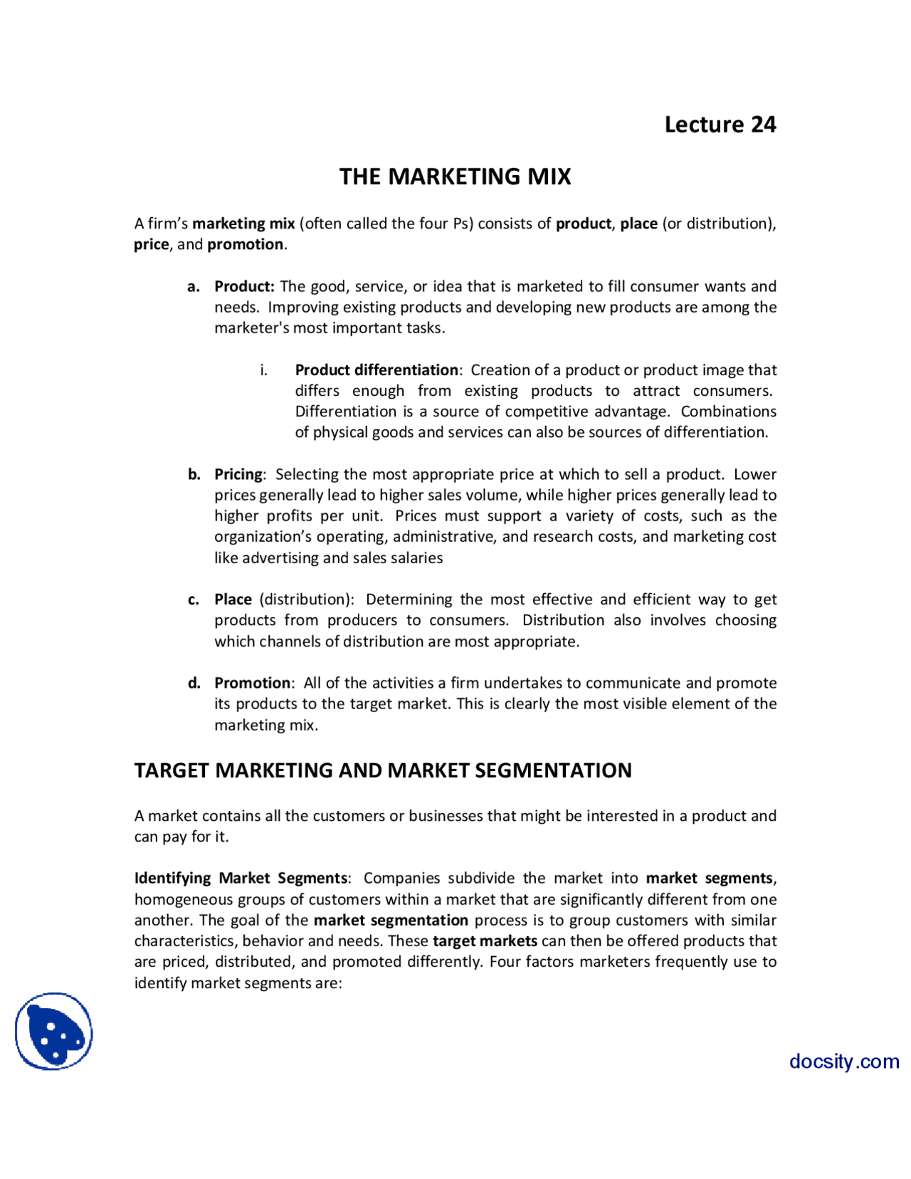 The Marketing Mix Introduction To Business Lecture Handout Docsity