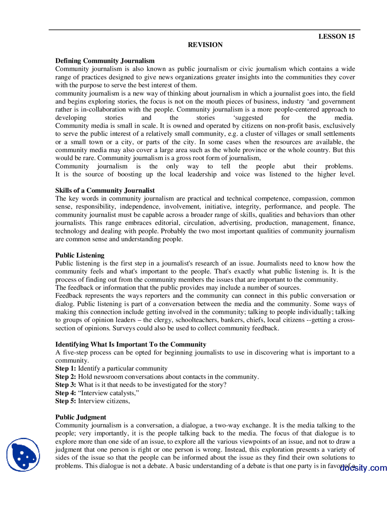 Revision Community Journalism Lecture Handout Docsity