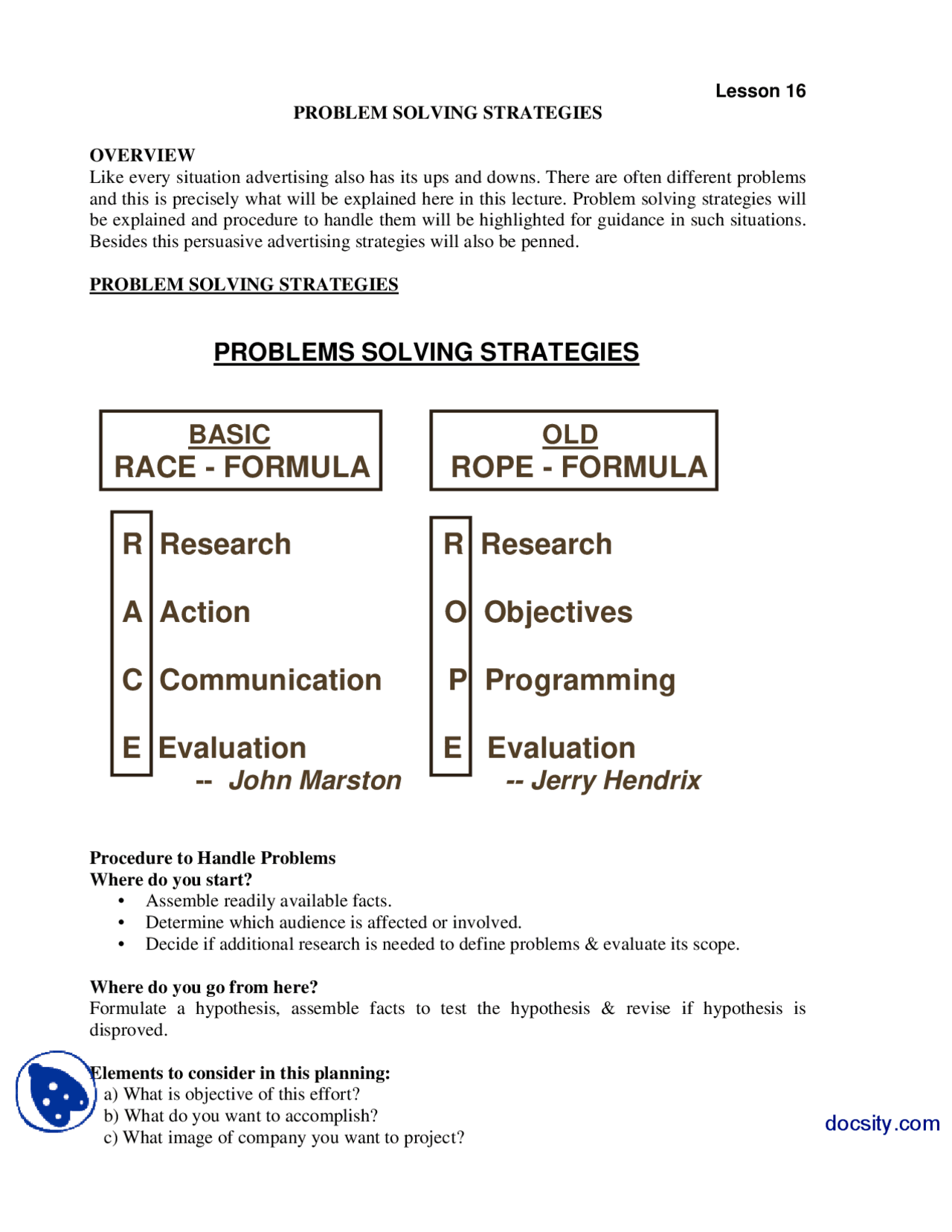 Problem Solving Advertising And Promotion Lecture Handout Docsity