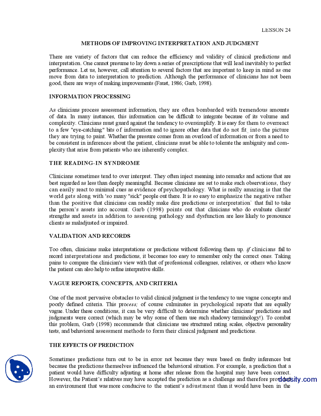 Information Processing Clinical Psycology Lecture Handout Exercises