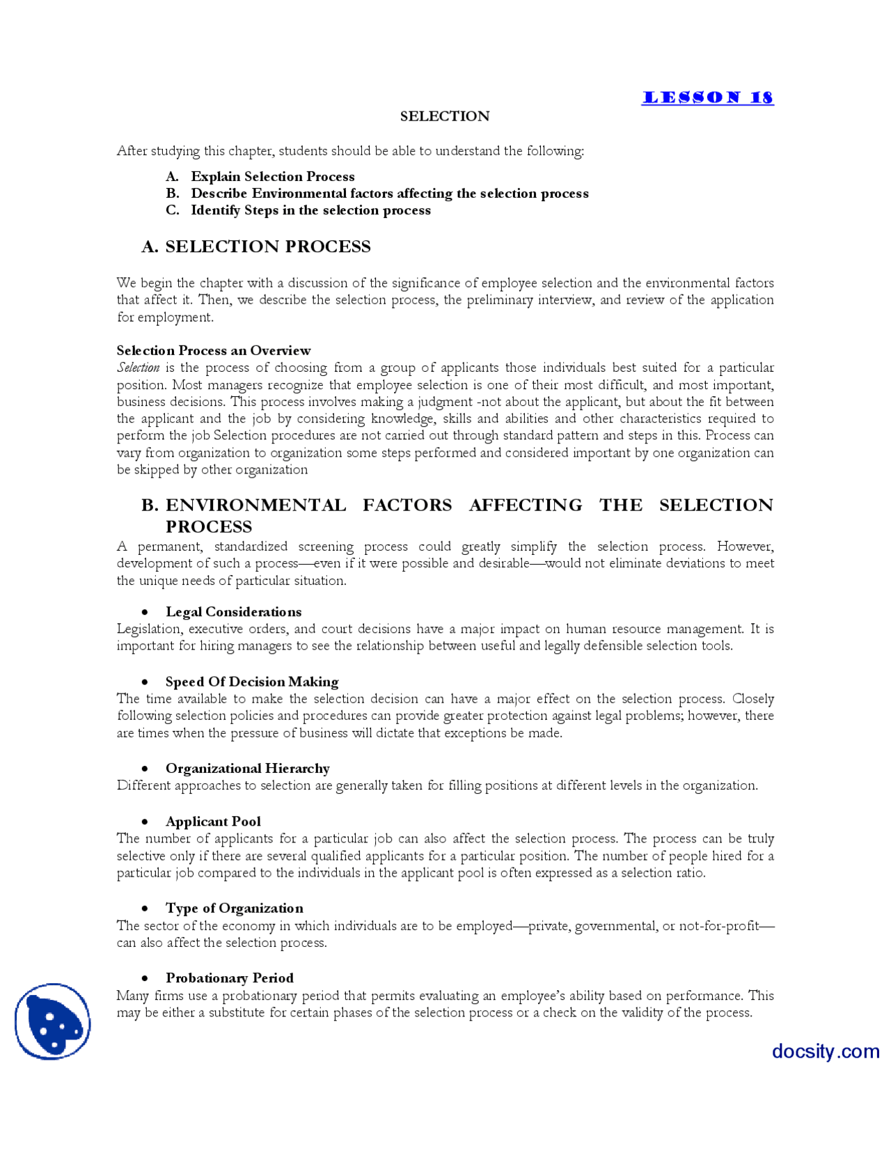 Selection Human Resource Managment Lecture Handout Docsity