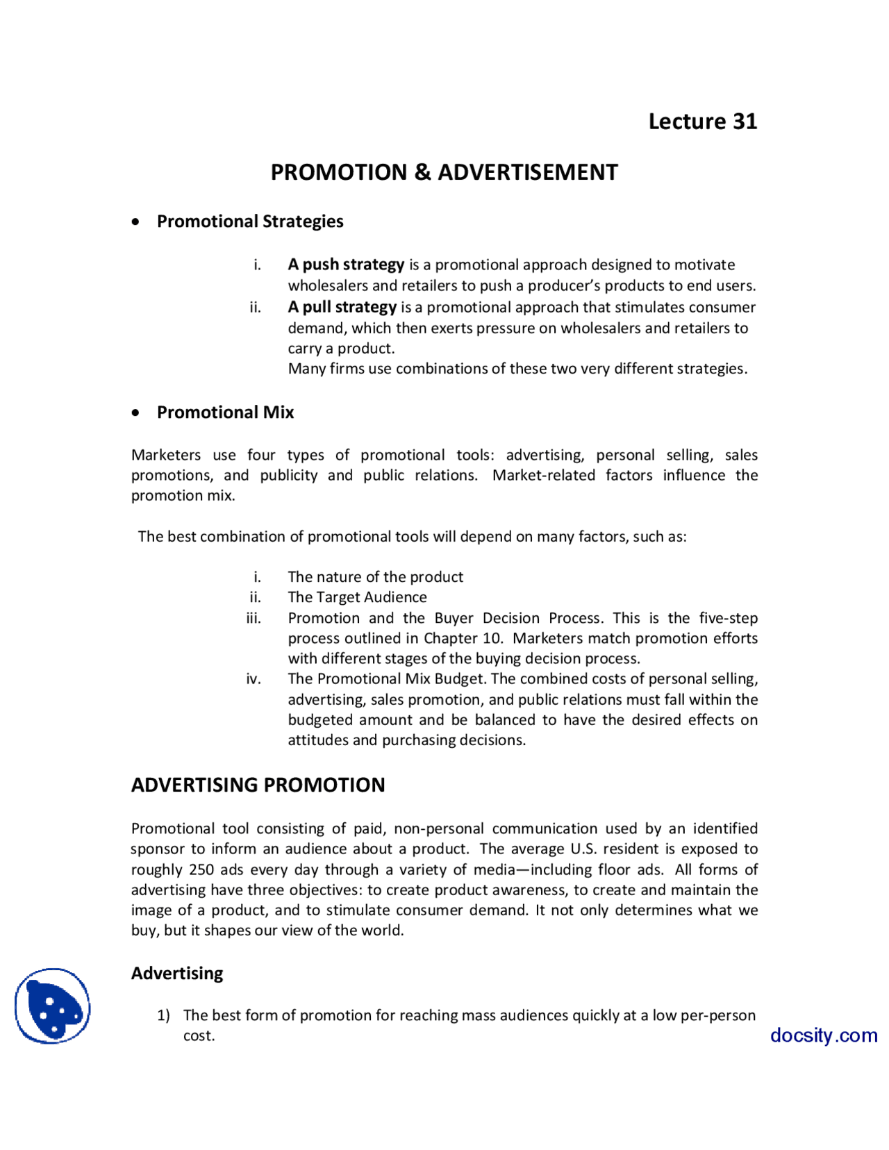 Promotion And Advertisment Introduction To Business Lecture Handout