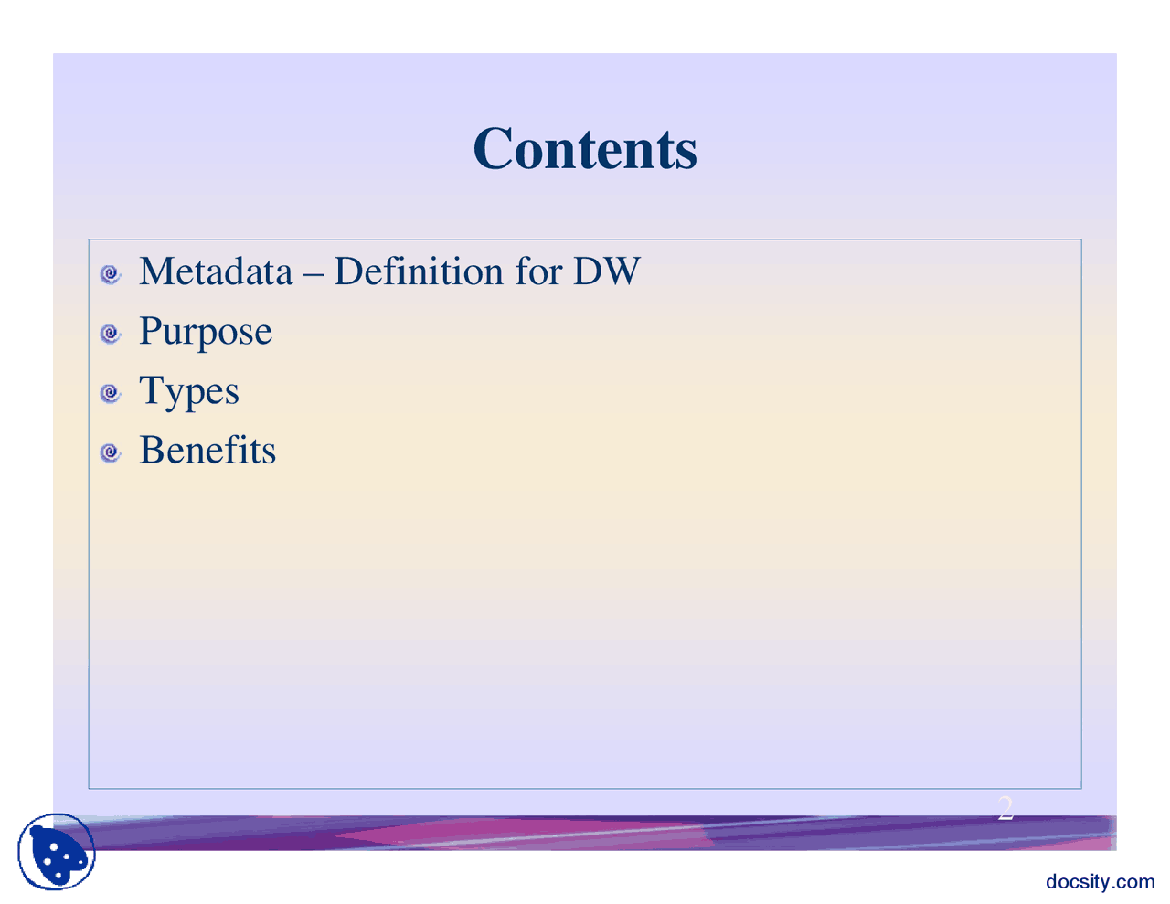 Metadata Data Warehouse Lecture Slides Docsity