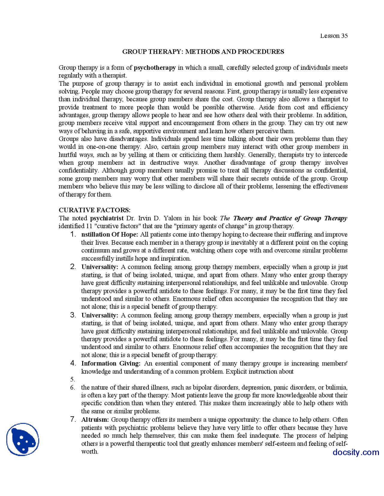 Group Therapy-Clinical Psycology-Lecture Handout - Docsity