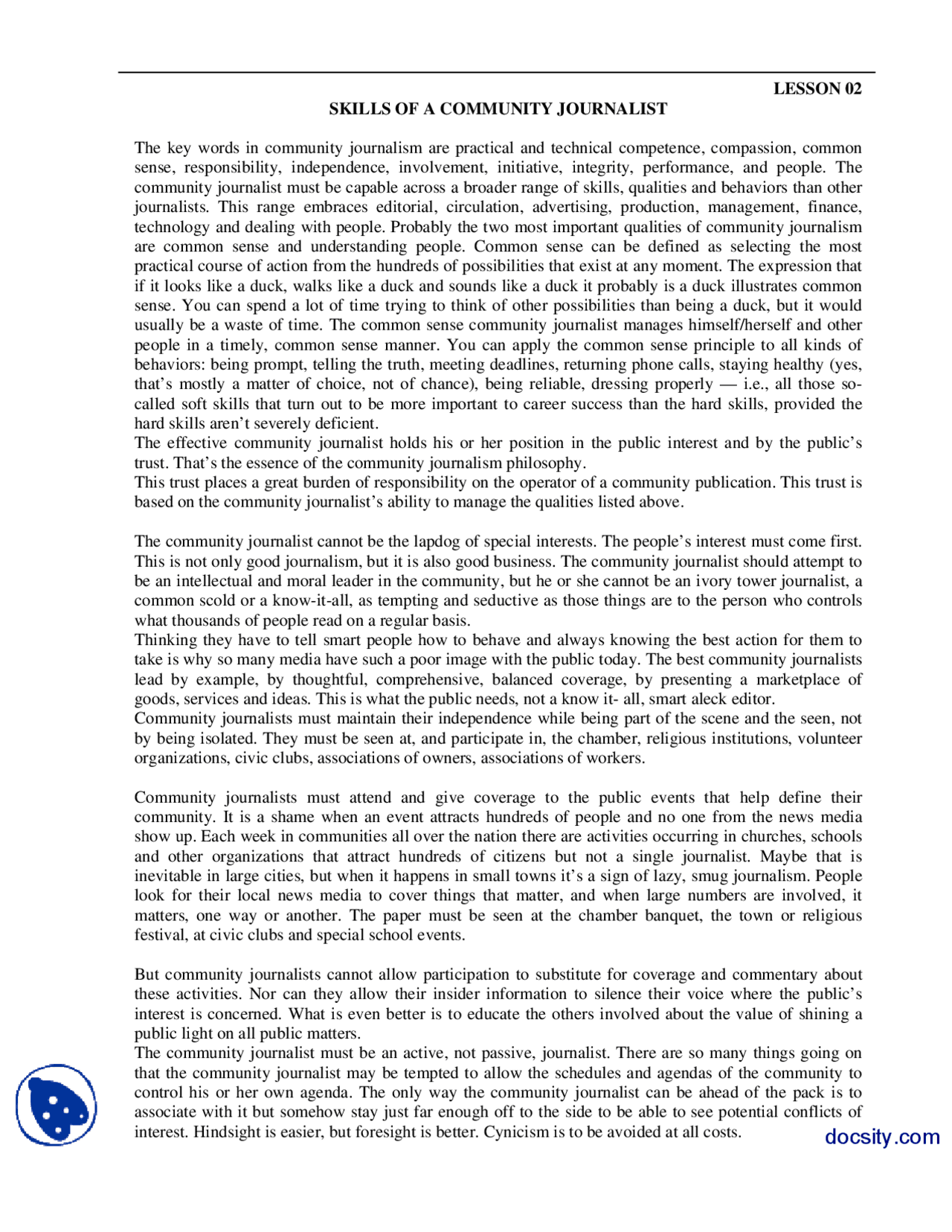 Skills Of A Journalist Community Journalism Lecture Handout Docsity